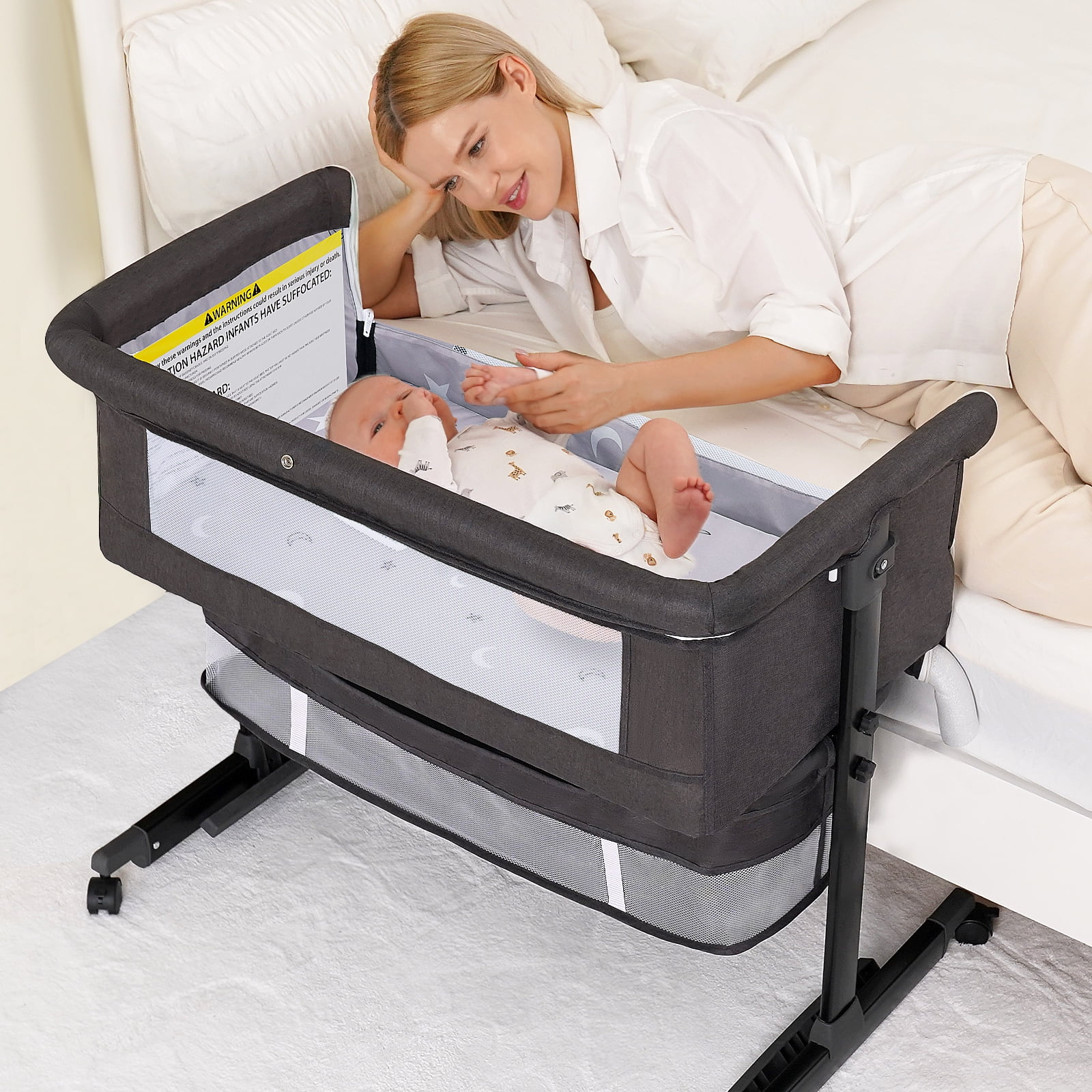Baby Bassinet Bedside Crib Foldable Portable with Adjustable Height ...