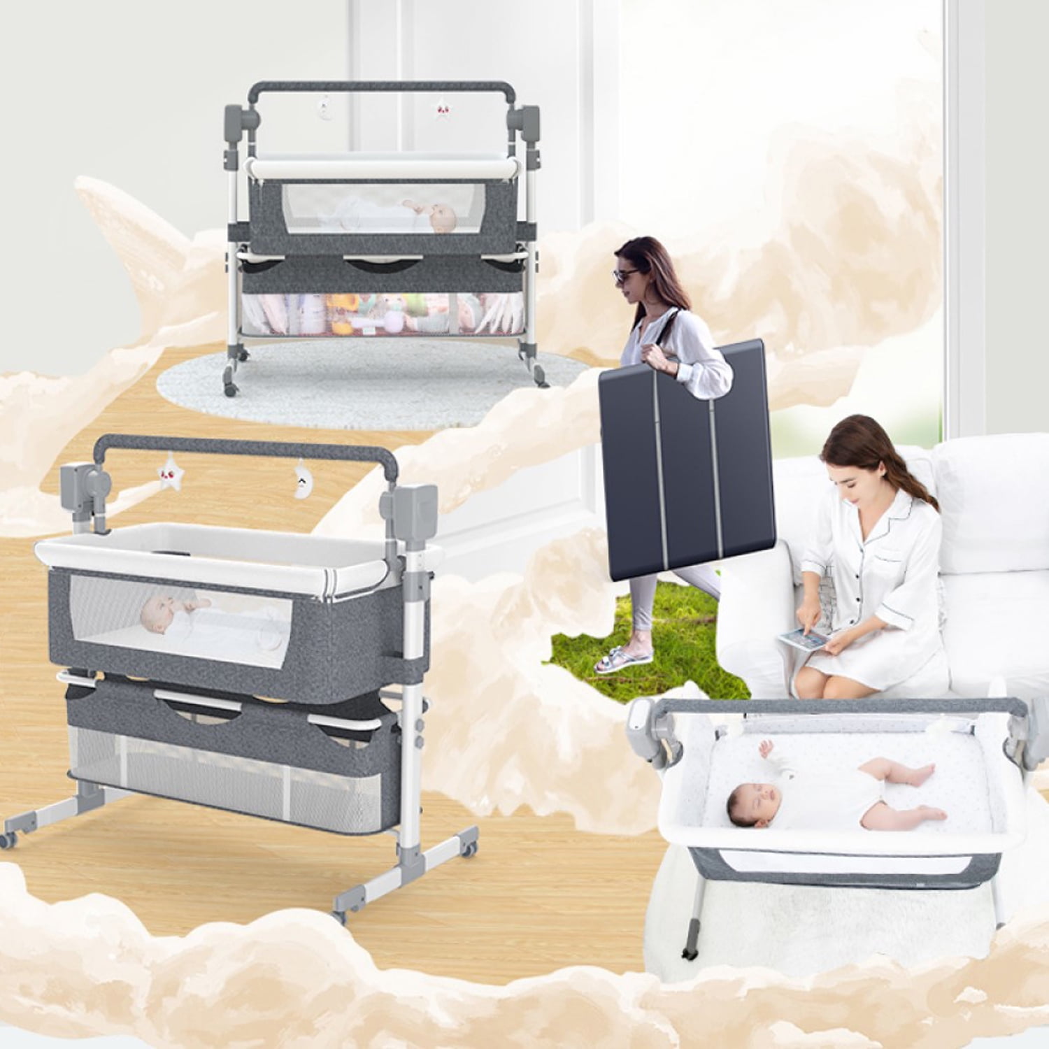 Baby Bassinet Newborn Bedside Sleeper Rocking Crib Folding Portable ...