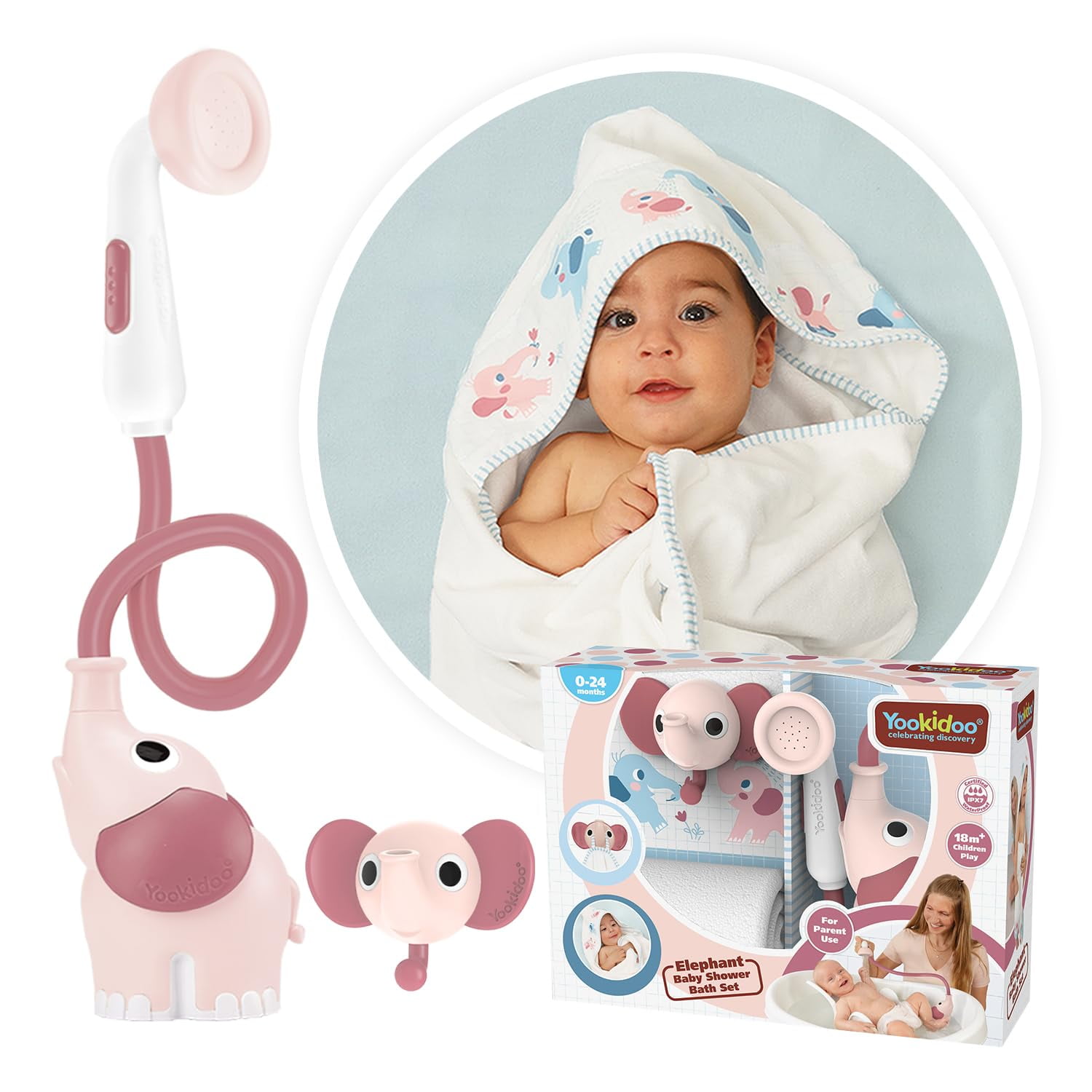 Baby Bath Elephant Shower Head Gift Set - Includes Hooded Towel ...