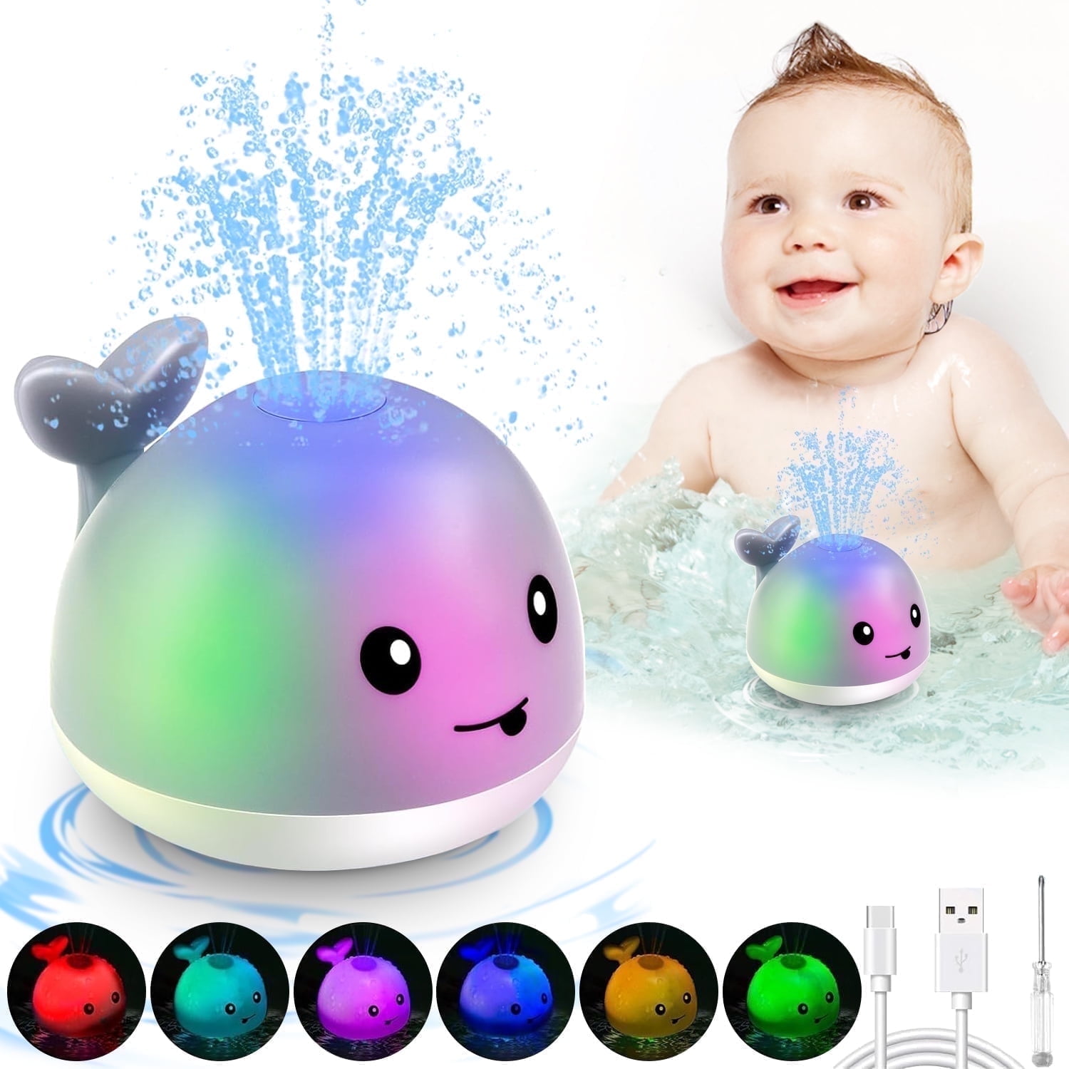 Rirool Rechargeable Whale Bath Toy - Light Up & Spray Baby Bath Toys ...