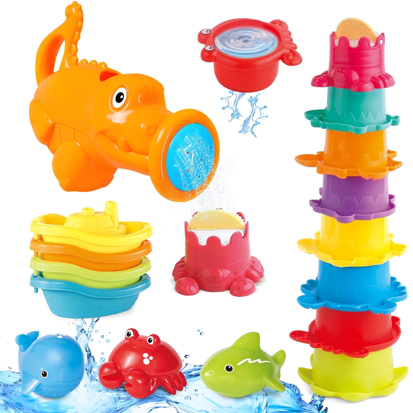 Tepear Baby Bath Toys for Toddlers 1-3, 16PCS Infant Tub Stacking Cups ...
