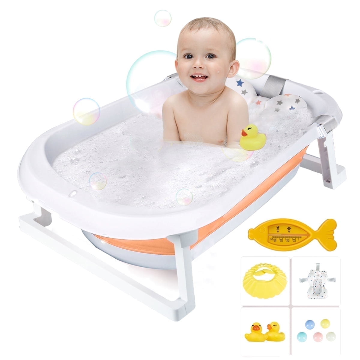 LuoLuo Portable Foldable Baby Bath Tub with Soft Floating Cushion Bath Net &Travel Collapsible ...
