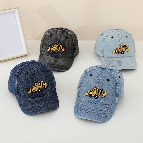 Baby Beach Hat Kids Washed Denim Cartoon Excavator Baseball Cap Sun Hat ...