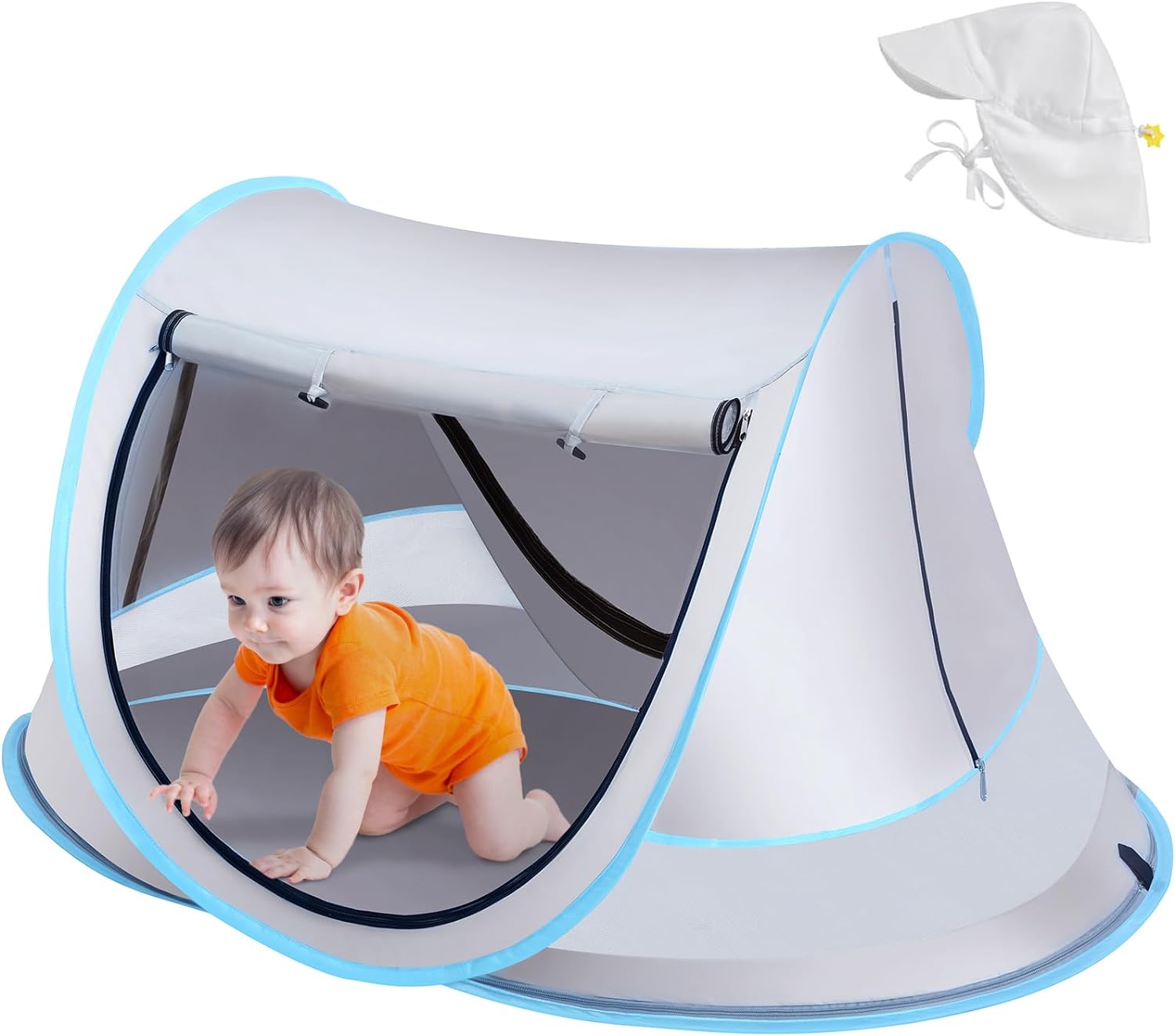 Baby Beach Tent with Baby Hat, Pop Up Toddler Travel Bed with Sun Hat ...