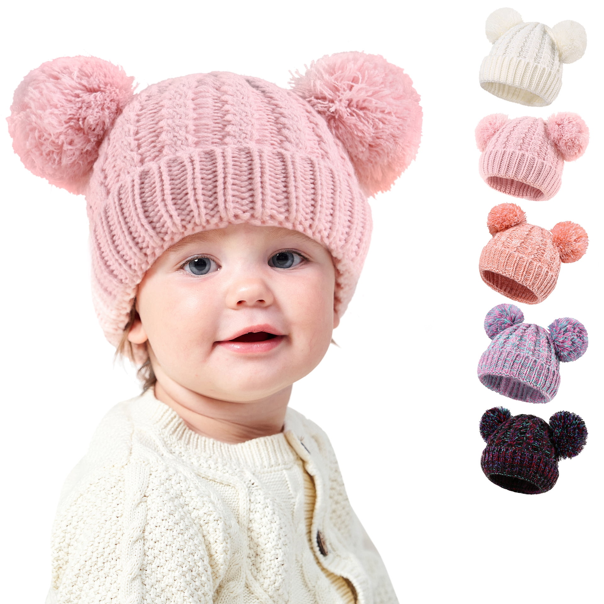 Baby Beanie Hat Double Pom Pom Toddler Beanies Knit Infant Winter Hat Caps for Boys Girls 1-3Y ...