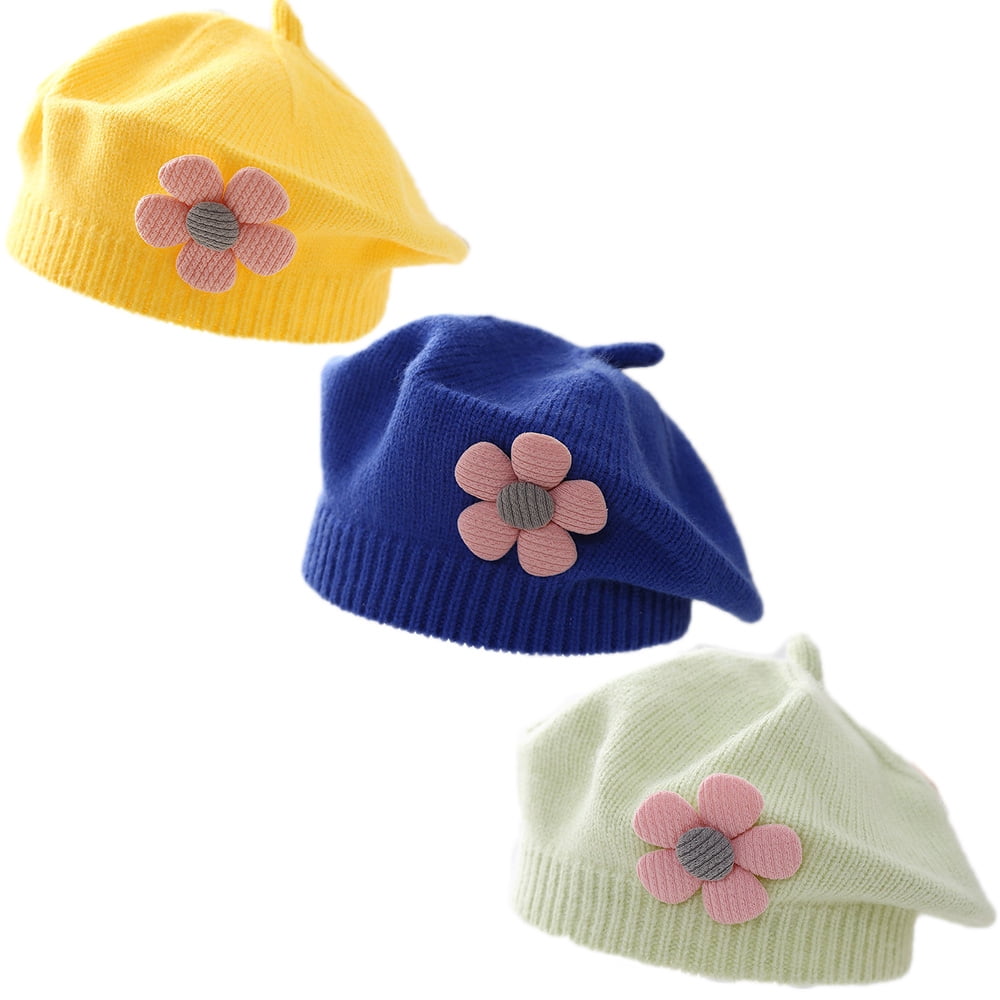 Baby Beret Hat 3Pcs Toddler Winter Knitted Beanie Cap with Cute Flower ...