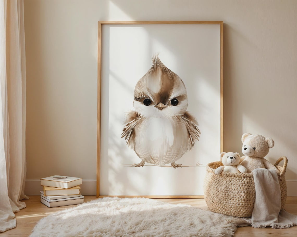 Baby Bird Nursery Art, Whimsical Brown White Animal Illustration, Kids ...