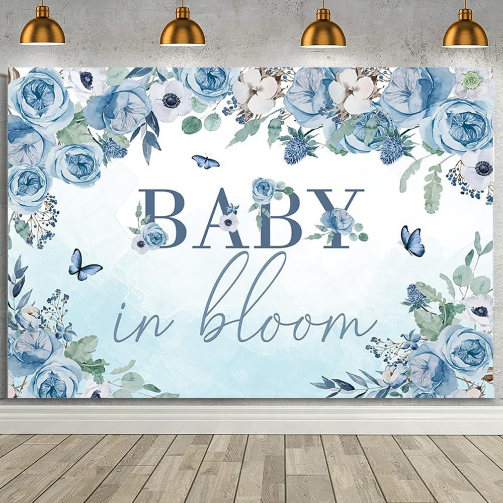 Baby in Bloom Backdrop Blue Floral Baby Shower Decorations Banner ...