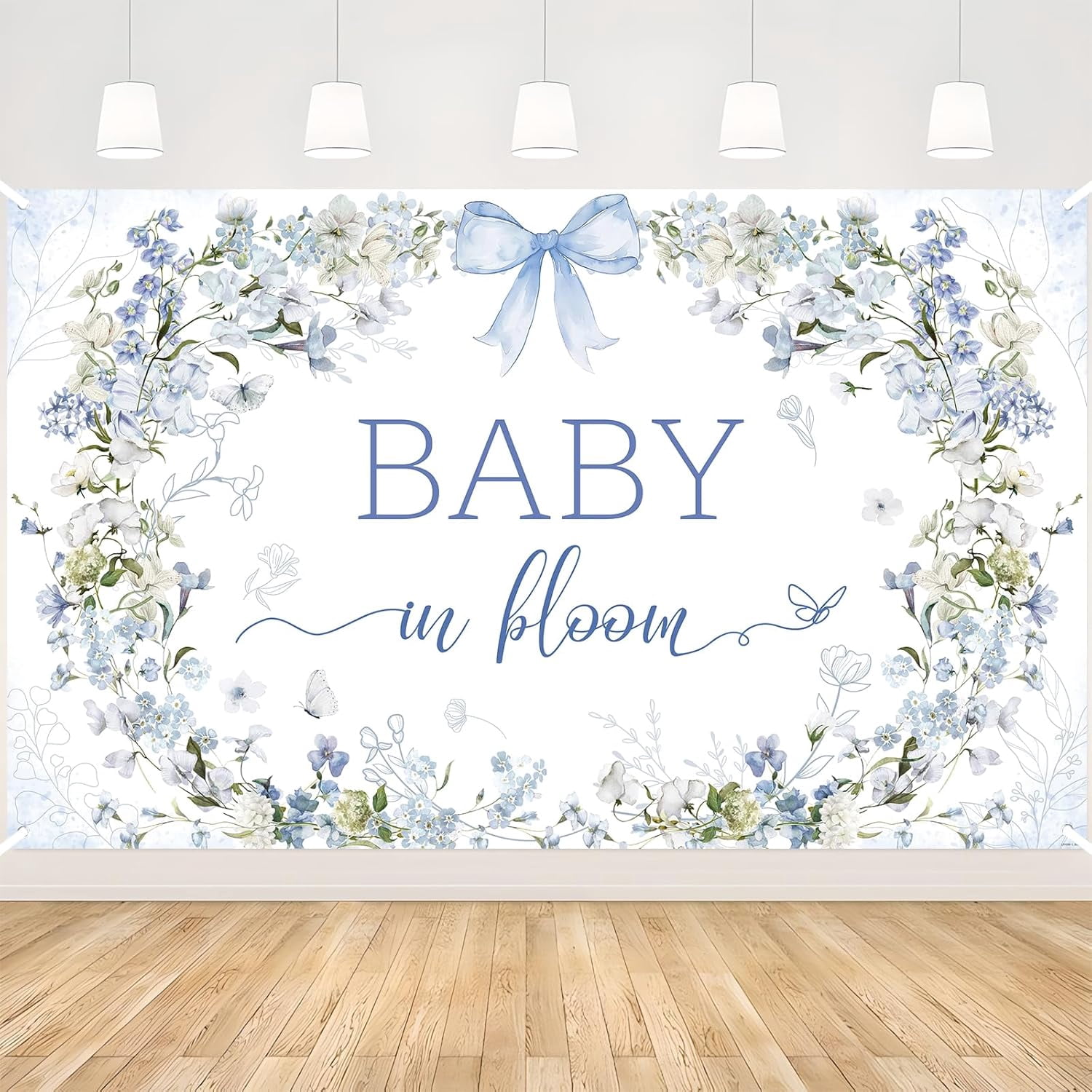 Baby in Bloom Backdrop for Boys Blue White Watercolor Floral Wildflower ...