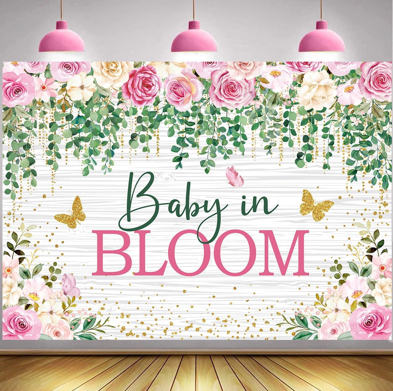 Baby in Bloom Backdrop Pink Flowers Sage Green Leaves Baby Girl's ...