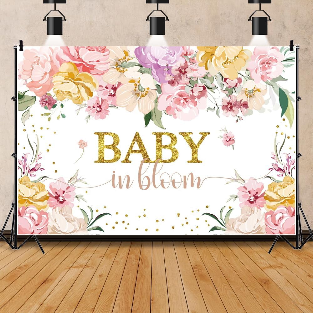 Baby in Bloom Backdrop Watercolor Flowers Golden Spots Backdrop ...