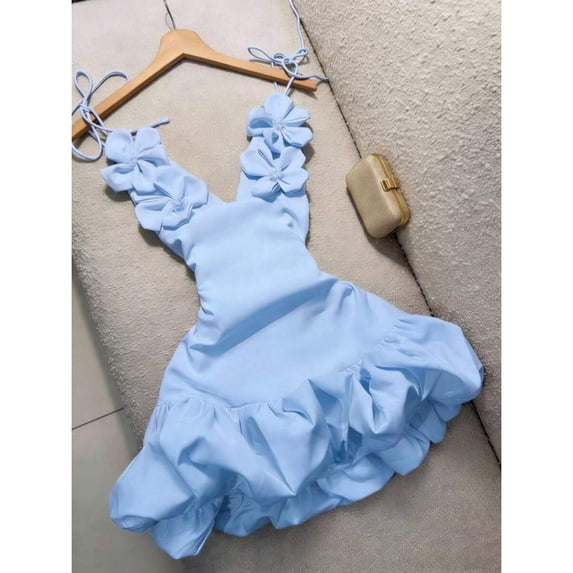 Baby Blue 3D Floral Strap Puff Mini Dress For Women, Elegant Cocktail ...
