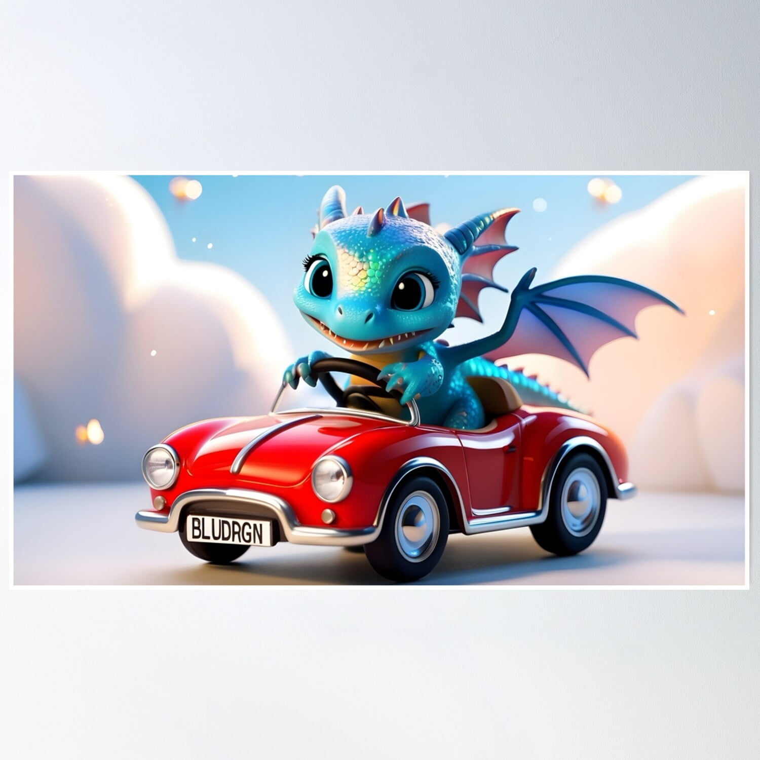 Baby Blue Dragon Driving A Sports Car. Poster Wall Art, Modern Wall ...
