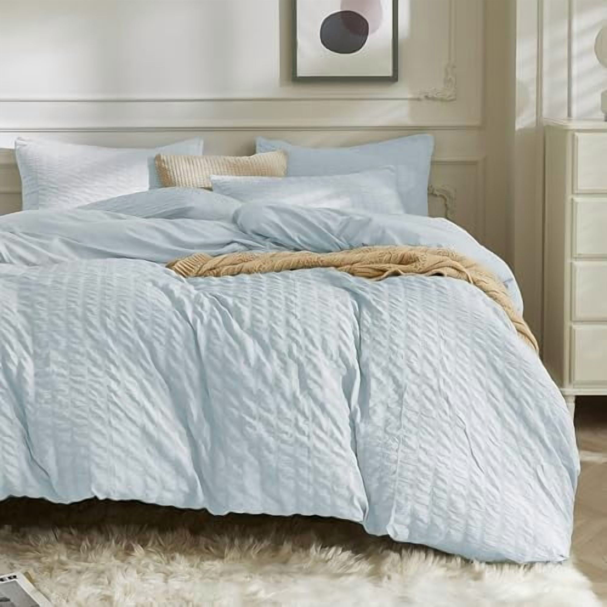 Baby Blue Duvet Cover Queen Size, 3pcs Washed Microfiber Bedding Set ...