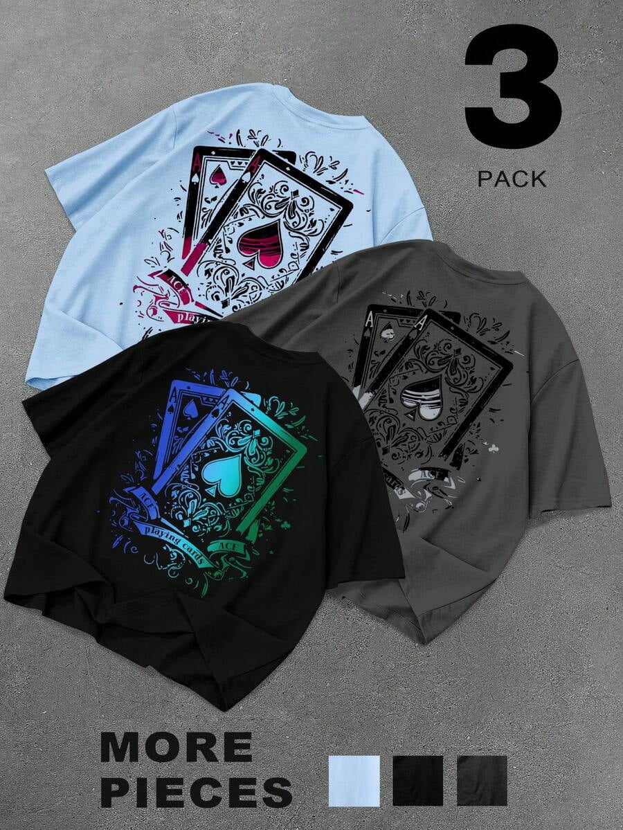Baby Blue Mens Oversized Retro Playing Card Ace Graphic T-Shirt 3-Pack ...