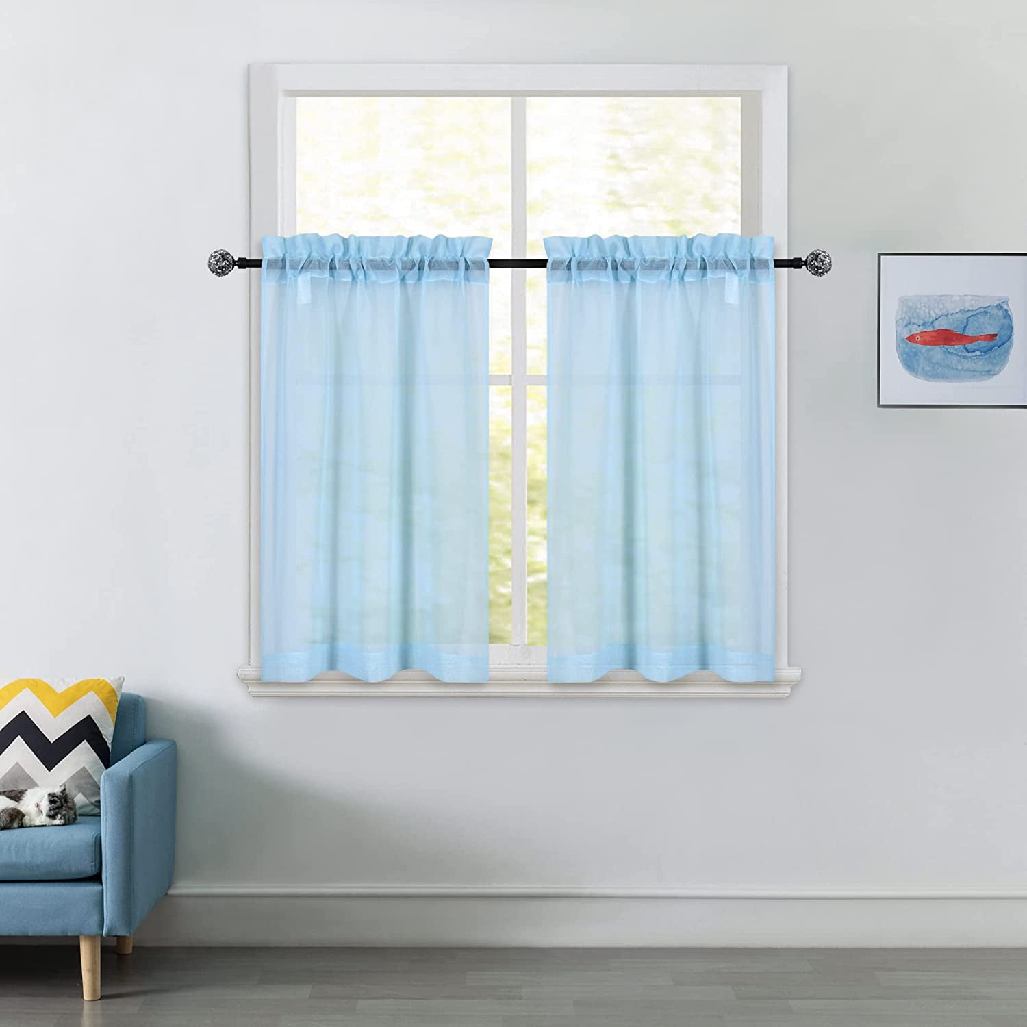 Baby Blue Short Sheer Kitchen Tier Curtains 36 inch Length Rod Pocket ...