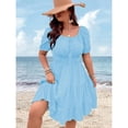 Baby Blue Tie Front Ruffle Hem Plus Size Dress With Puffed Sleeves And ...