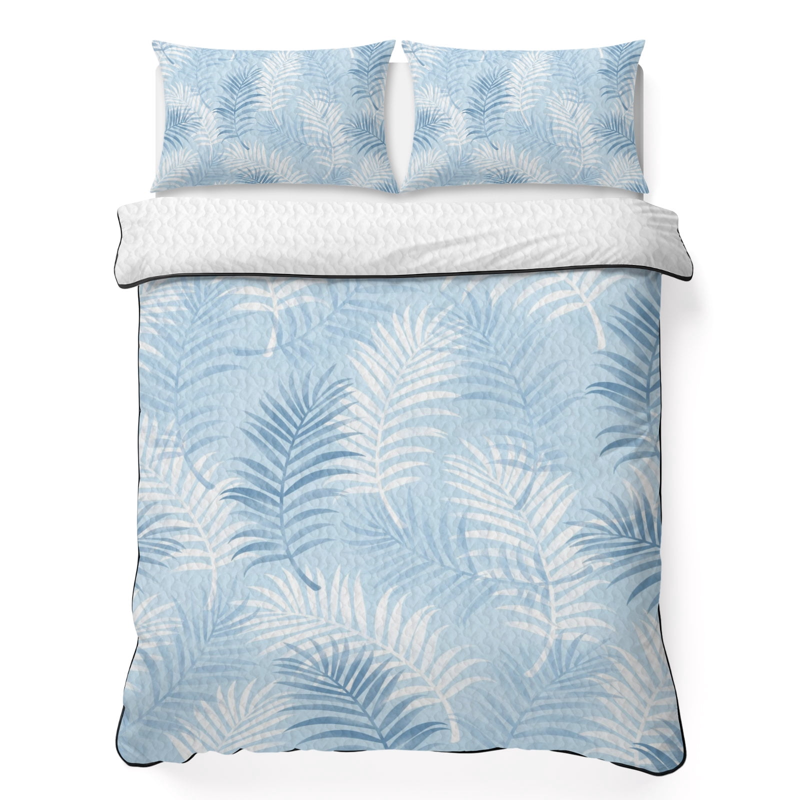 Baby Blue White Palm Leaves 3 Piece Quilt Bedding Set with 2 Pillow ...