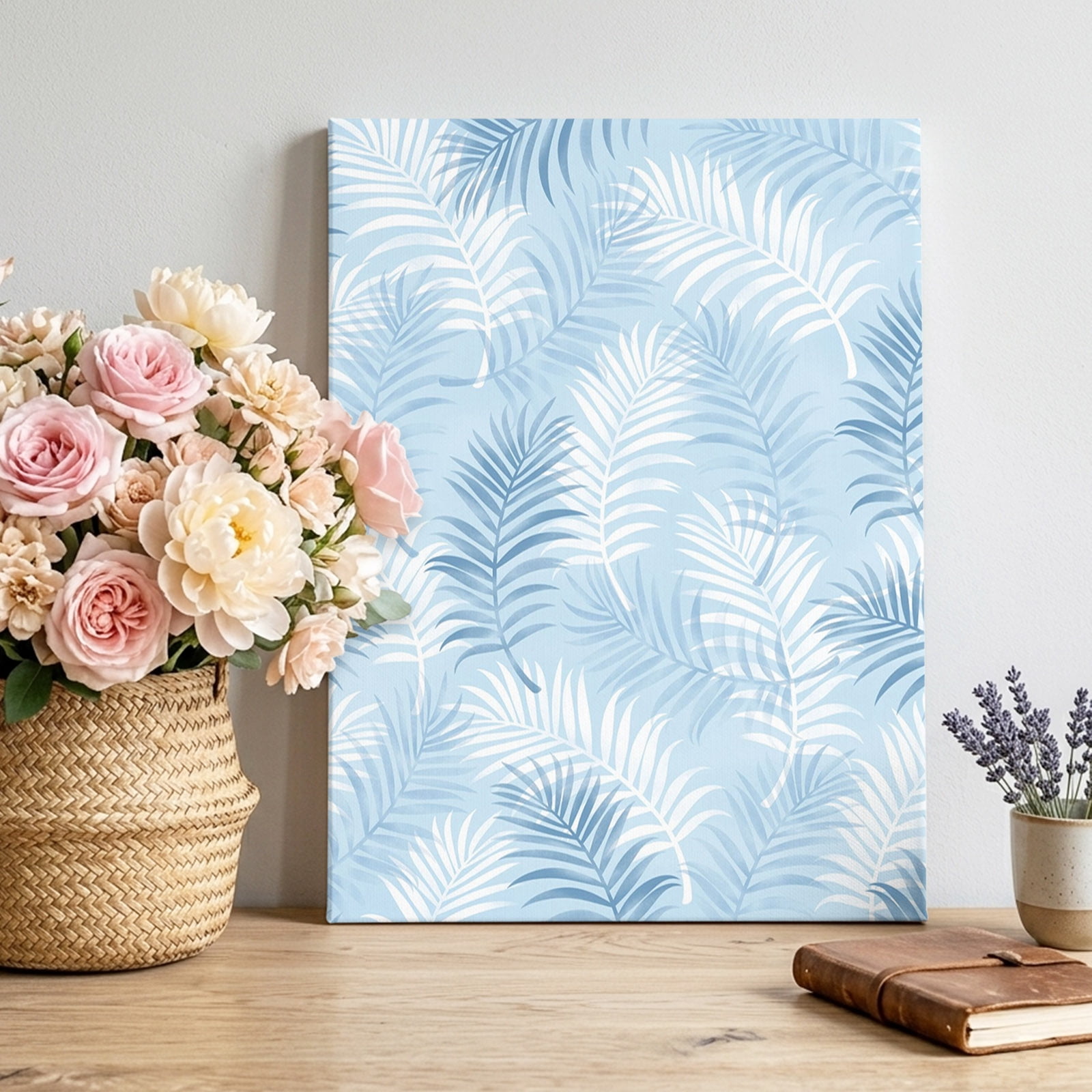 Baby Blue White Palm Leaves Canvas Wall Art for Living Room, Botanical ...