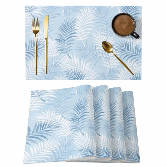 Baby Blue White Palm Leaves Cotton Linen Placemats Set of 1, Botanical ...