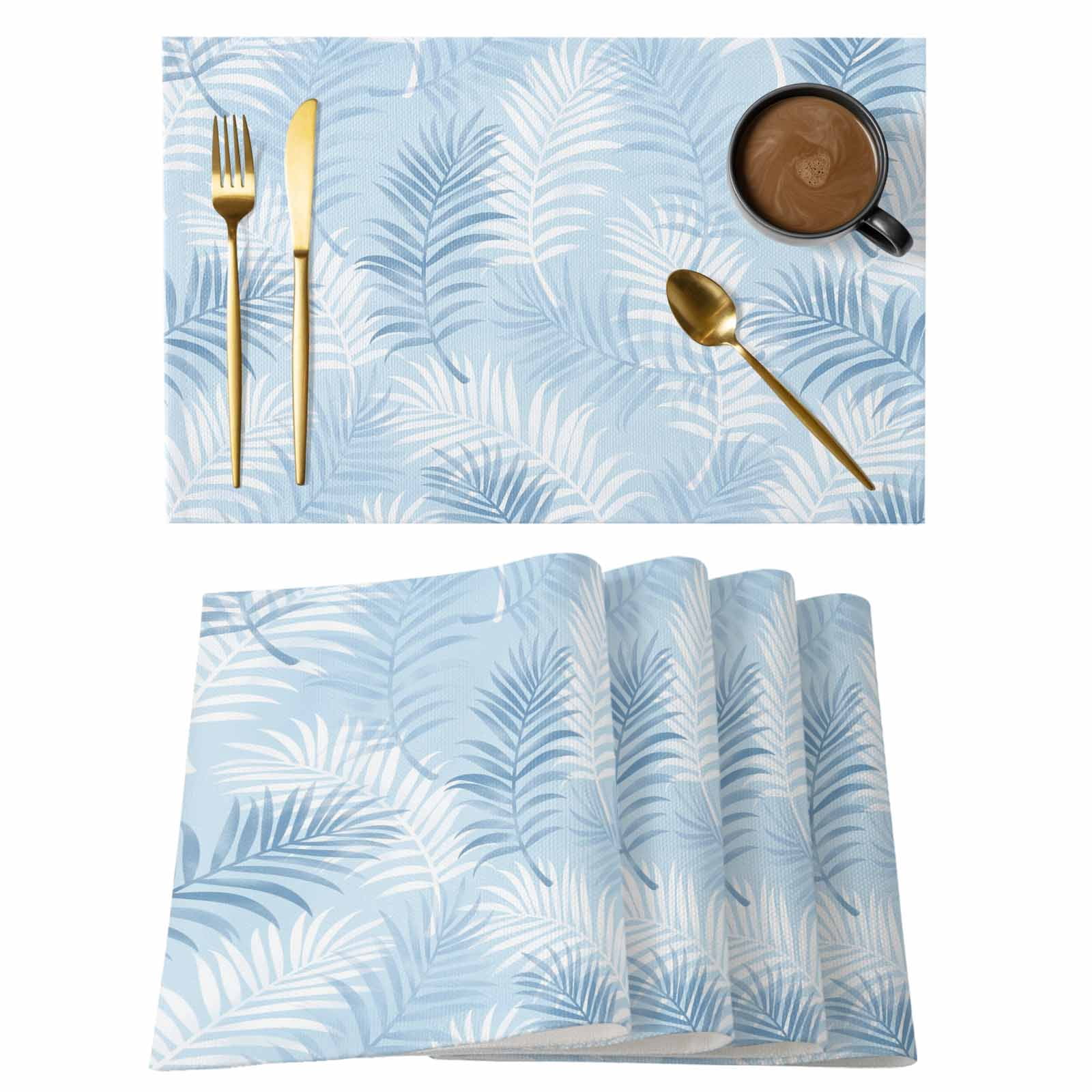 Baby Blue White Palm Leaves Cotton Linen Placemats Set of 2, Botanical ...