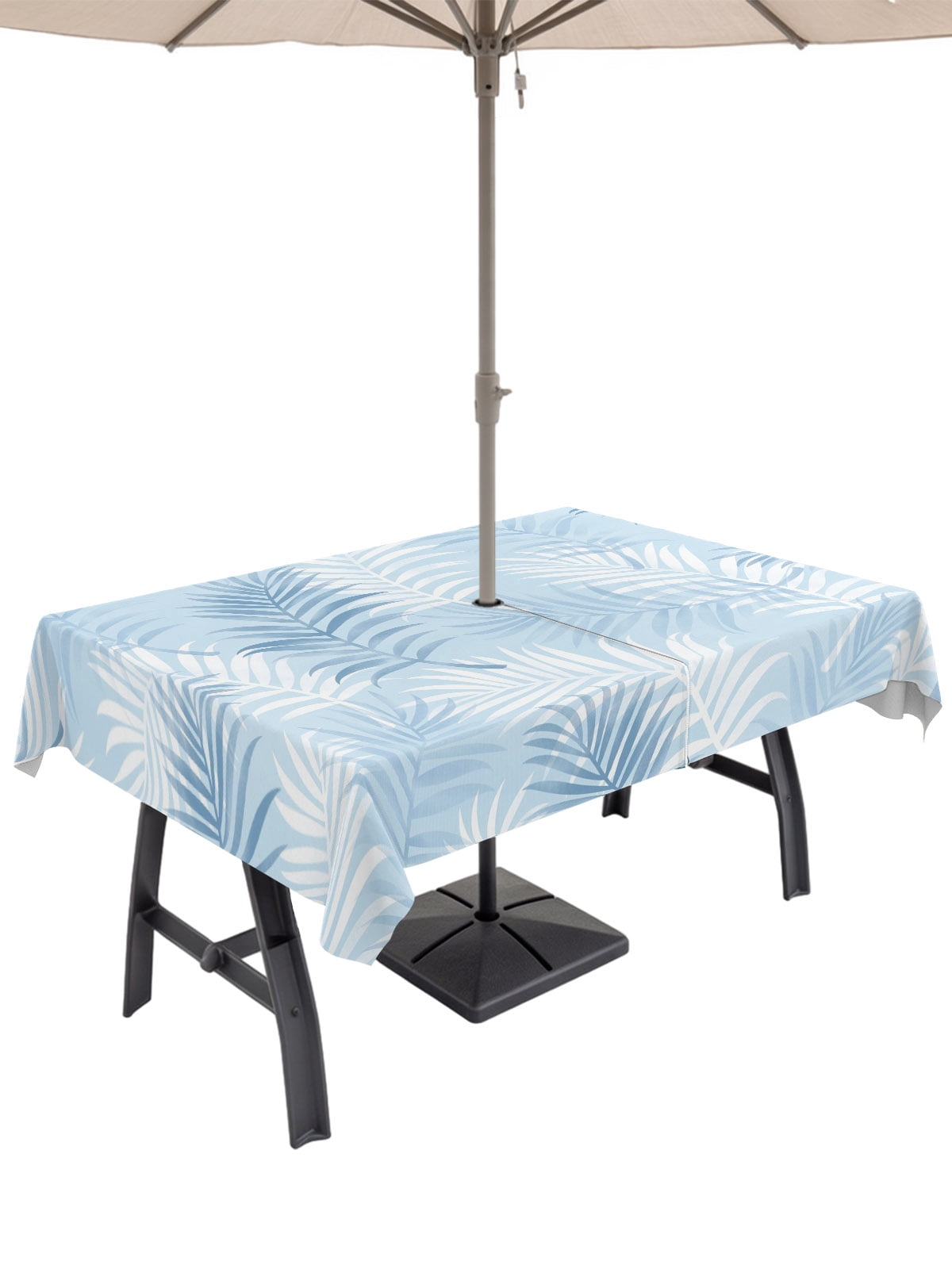 Baby Blue White Palm Leaves Rectangle Outdoor Tablecloth with Umbrella ...