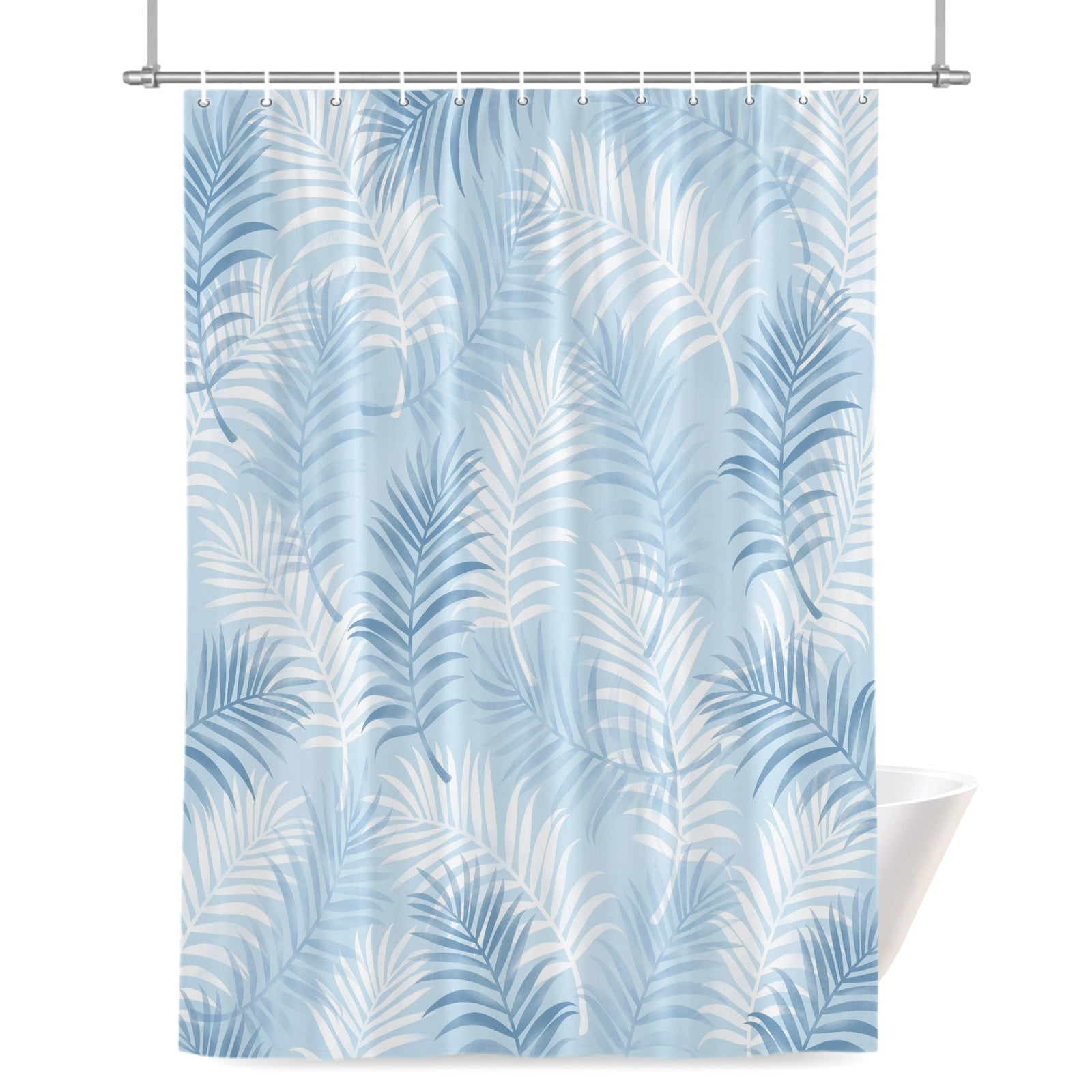 Baby Blue White Palm Leaves Shower Curtain, Botanical Forest Ferns ...