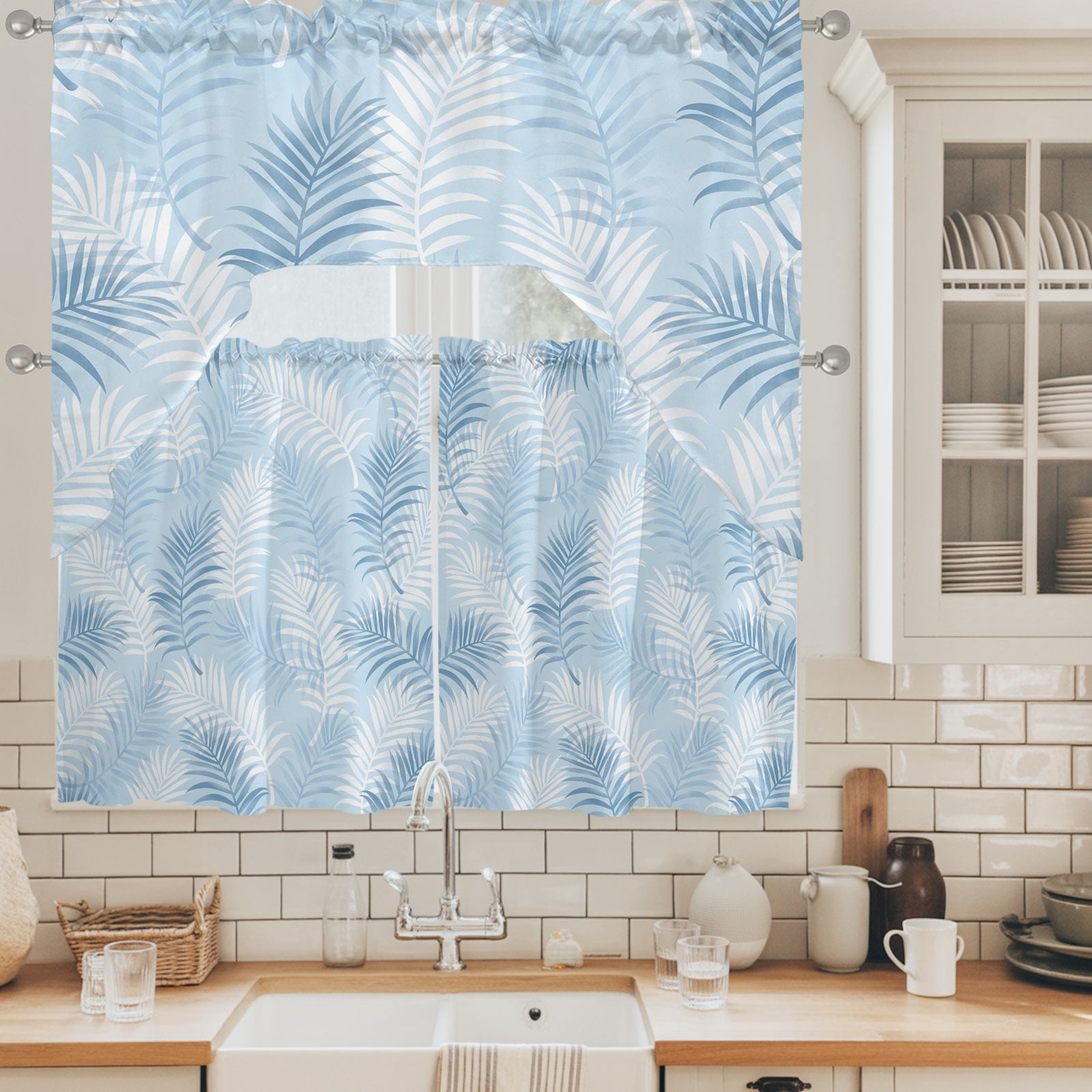 Baby Blue White Palm Leaves Swag Curtains Valance and Tier Set ...