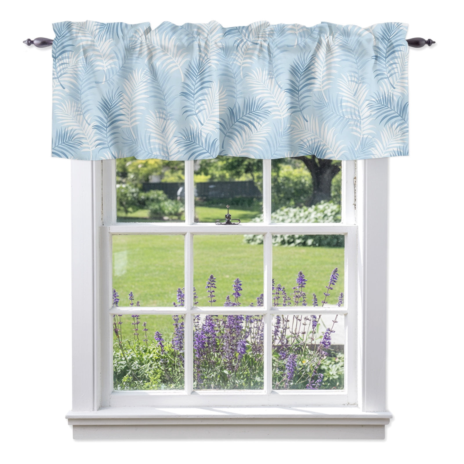 Baby Blue White Palm Leaves Valance Curtain 1 Panel, Botanical Forest ...