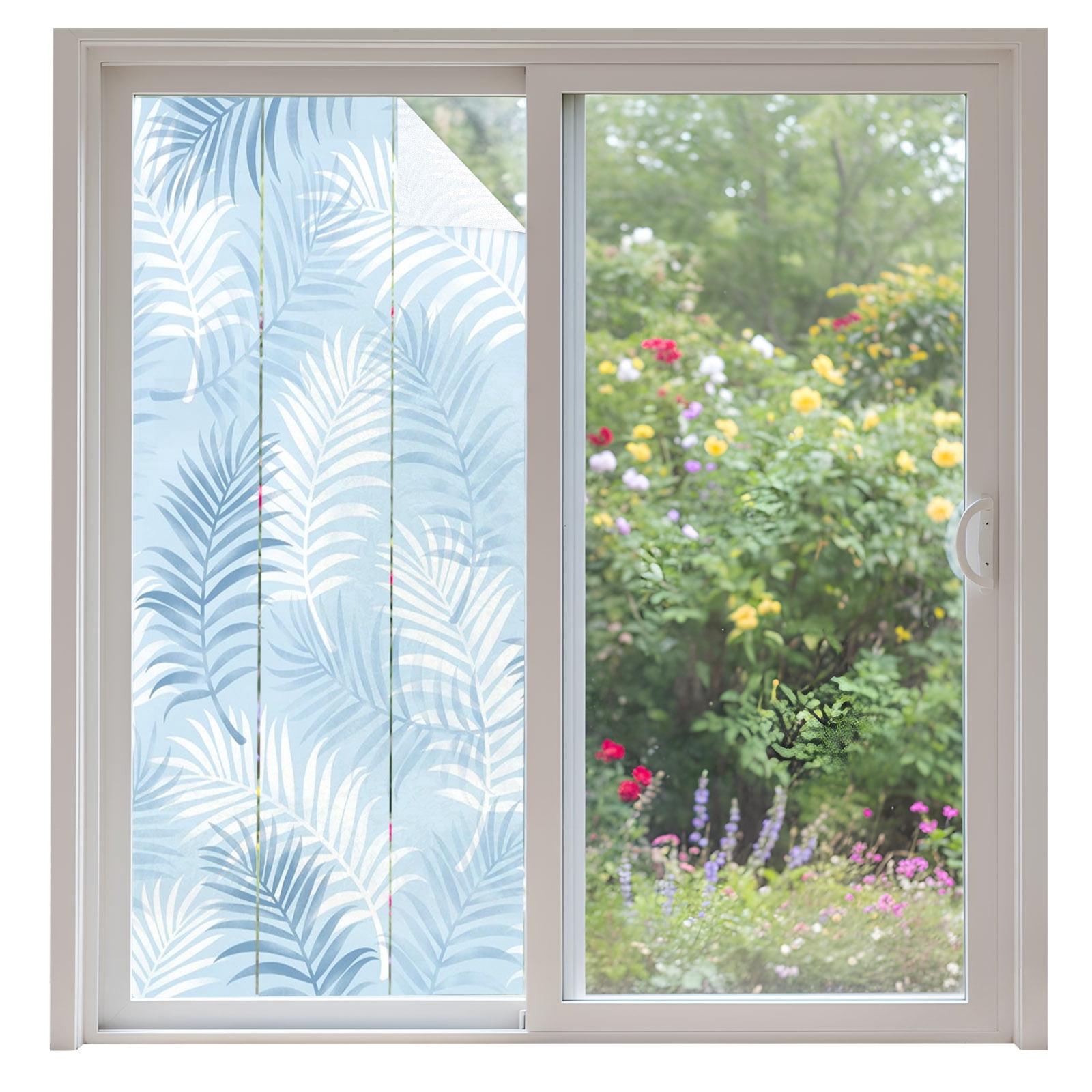 Baby Blue White Palm Leaves Window Privacy Film, Botanical Forest Ferns ...