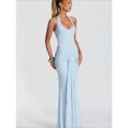 Baby Blue Womens Halter Neck Long Dress With Ruched Hip Wrap, Slim Fit ...