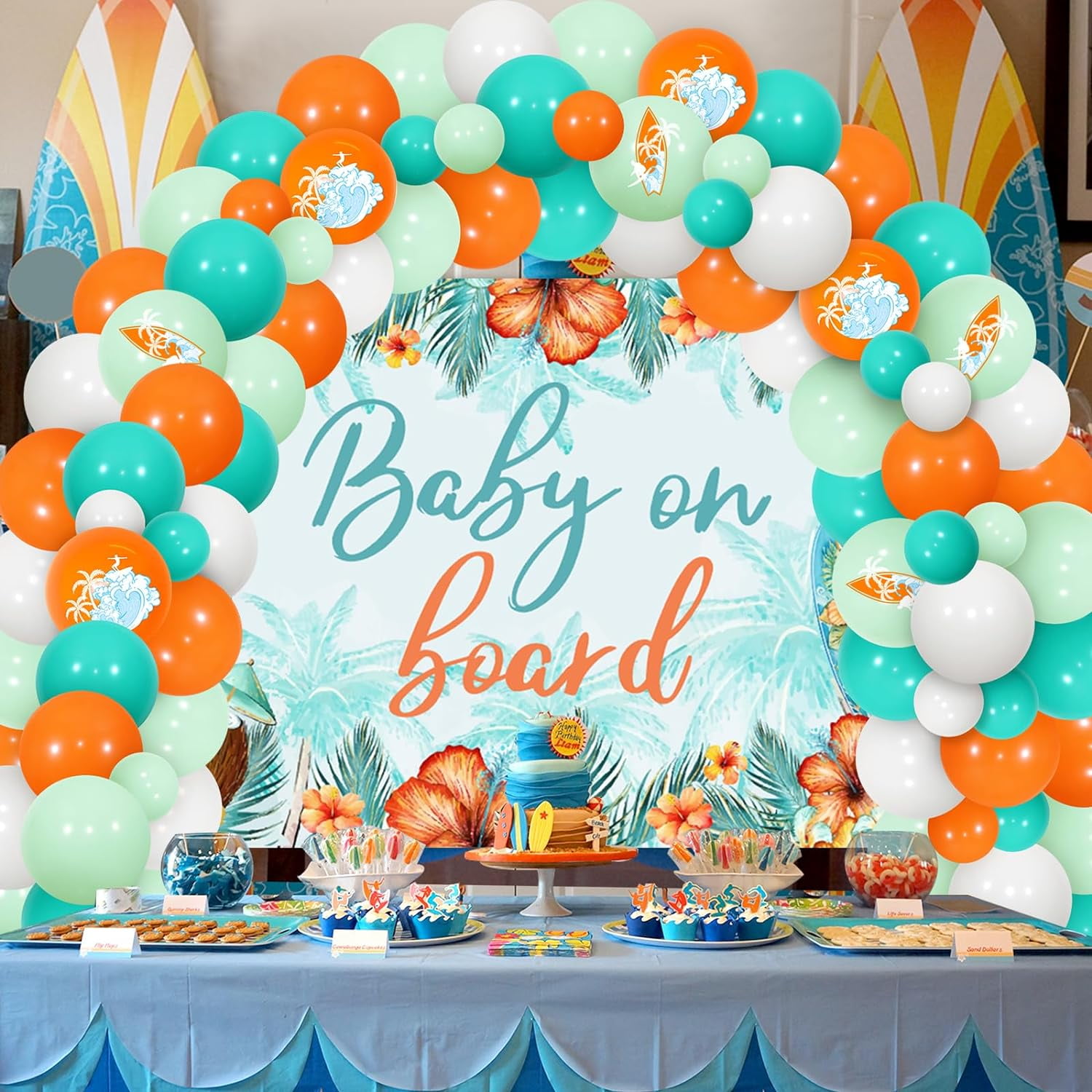 Baby on Board Surf Decorations for Baby Shower Blue Orange Green ...