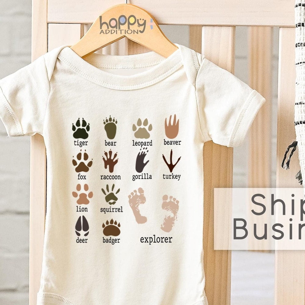 Baby Bodysuit BELLA CANVAS Adventure Baby Onesie Baby Bodysuit, Explorer, Wild Animal Paw Prints ...