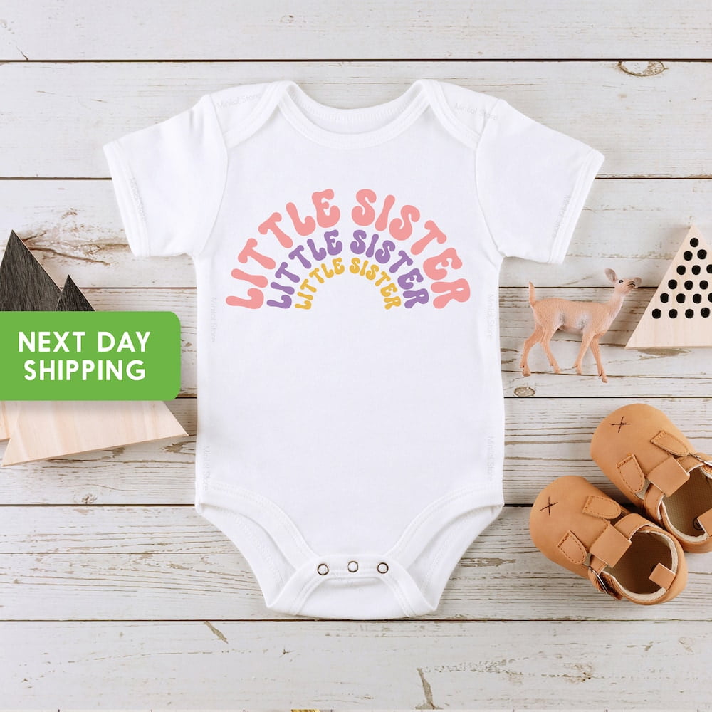 Baby Bodysuit BELLA CANVAS Little Sister Onesie, Retro Baby Announcement Bodysuit, Girls Baby ...