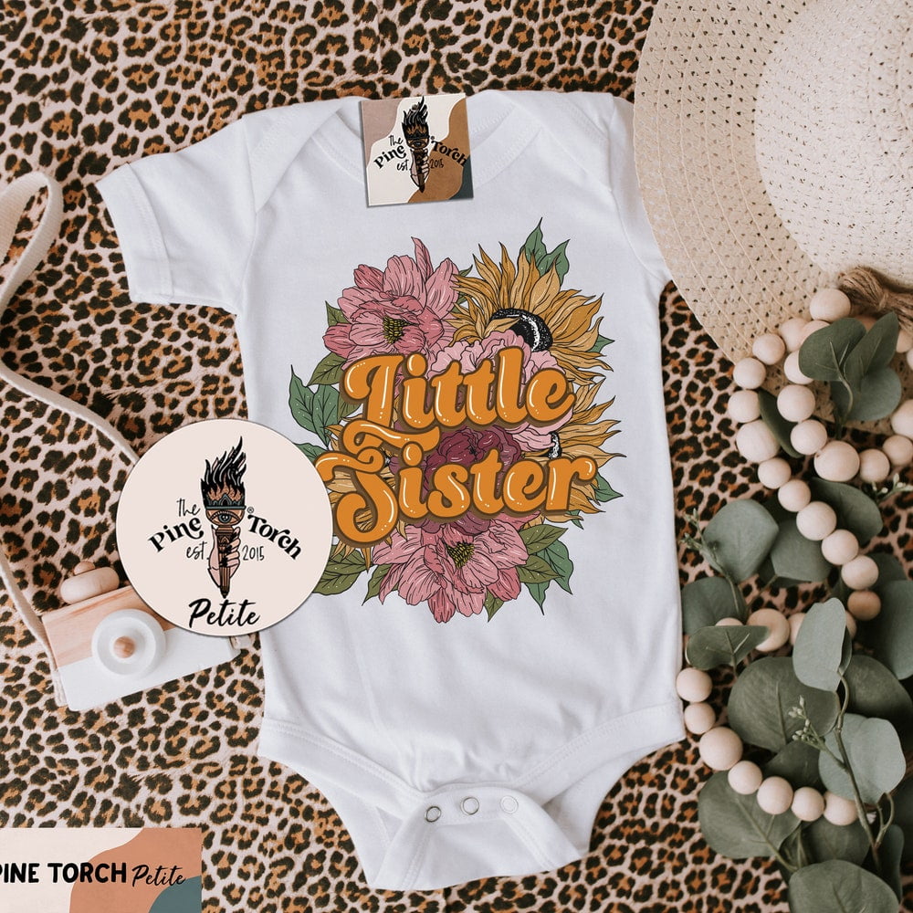 Baby Bodysuit BELLA CANVAS Little Sister Retro Floral Announcement, Little Sister Retro Bodysuit ...