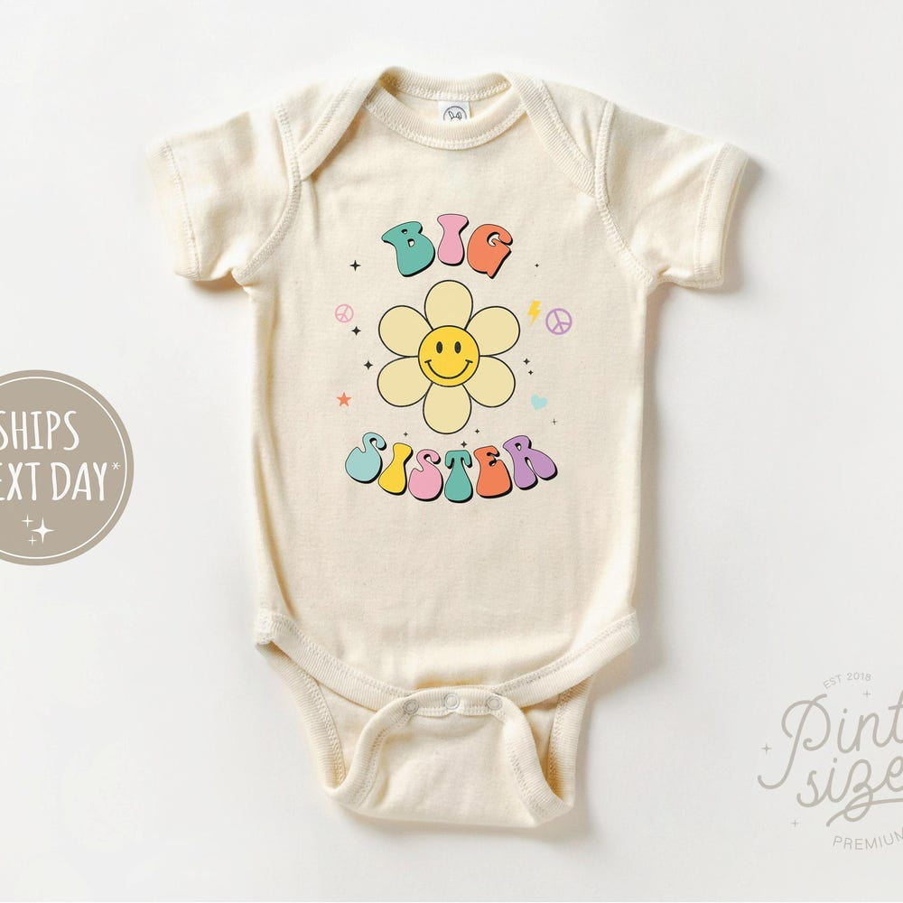 Baby Bodysuit BELLA CANVAS Retro Big Sister Onesie - Smiley Face Flower ...