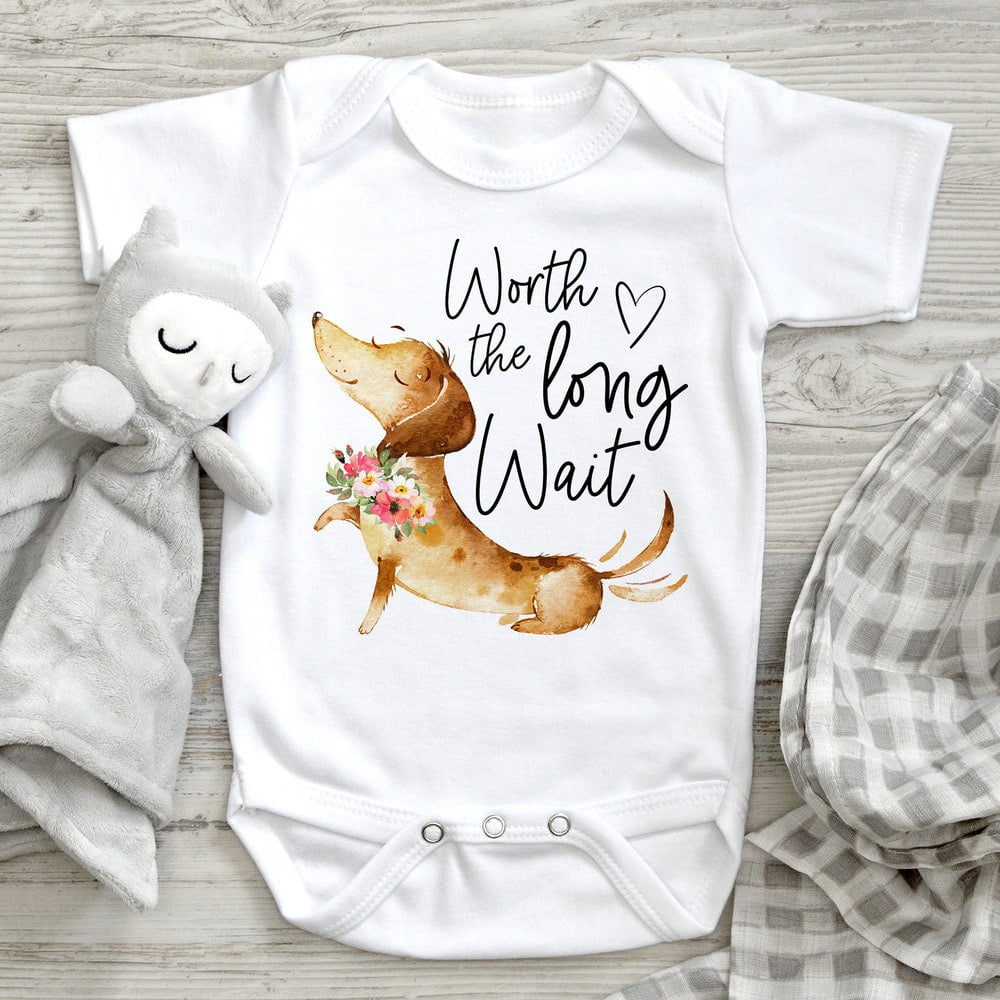 Baby Bodysuit BELLA CANVAS Worth The Wait Onesie - Pregnancy Reveal - Dachshund Onesie - Cute ...