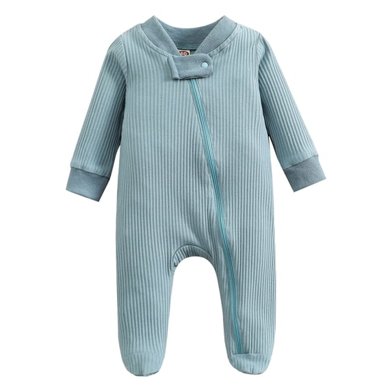 Baby Bodysuit Boys Girls Long Sleeve Ribbed Solid Zipper Rompers Baby ...
