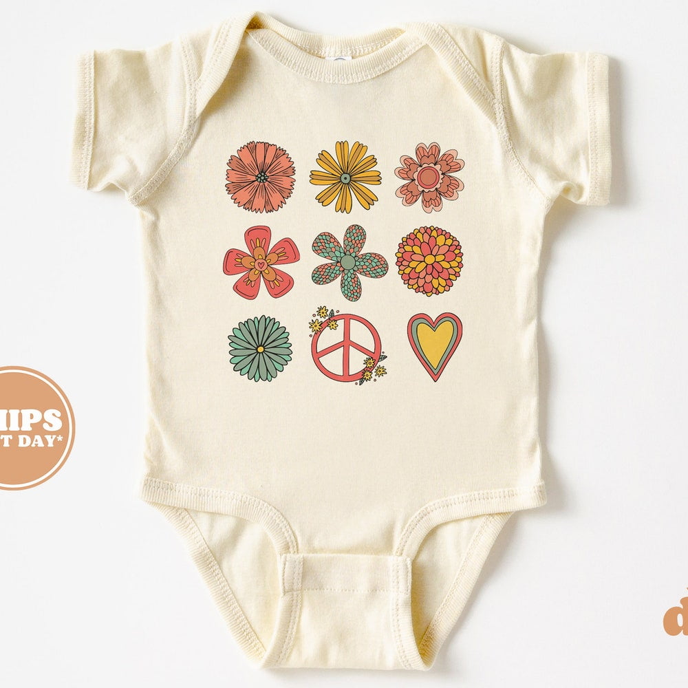 Baby Bodysuit, Peace Flower Bodysuit, Flower Retro Baby Bodysuit Cute ...