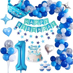 First Birthday Party Supplies for Boys with Blue and Neutral Decor