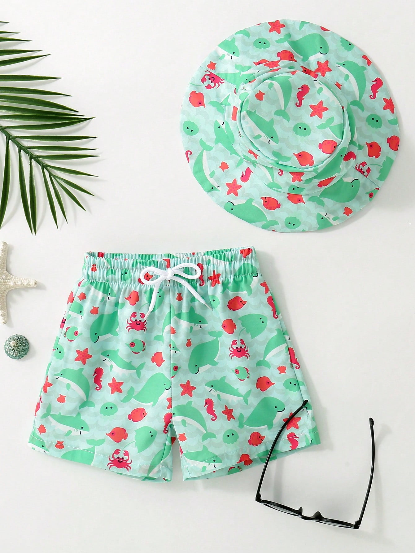 Baby Boy 2pcs Cartoon Printed Drawstring Waist Swimming Trunk And Cap ...