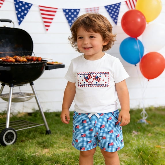 Baby Boy 4th of July Outfit, American Flag Embroidered Tee & Gingham ...