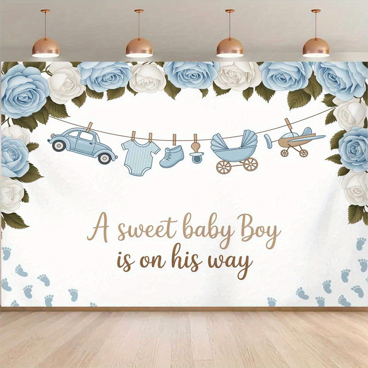 Baby Boy Backdrop for Baby Shower Blue White Rose A Sweet Baby Boy is ...