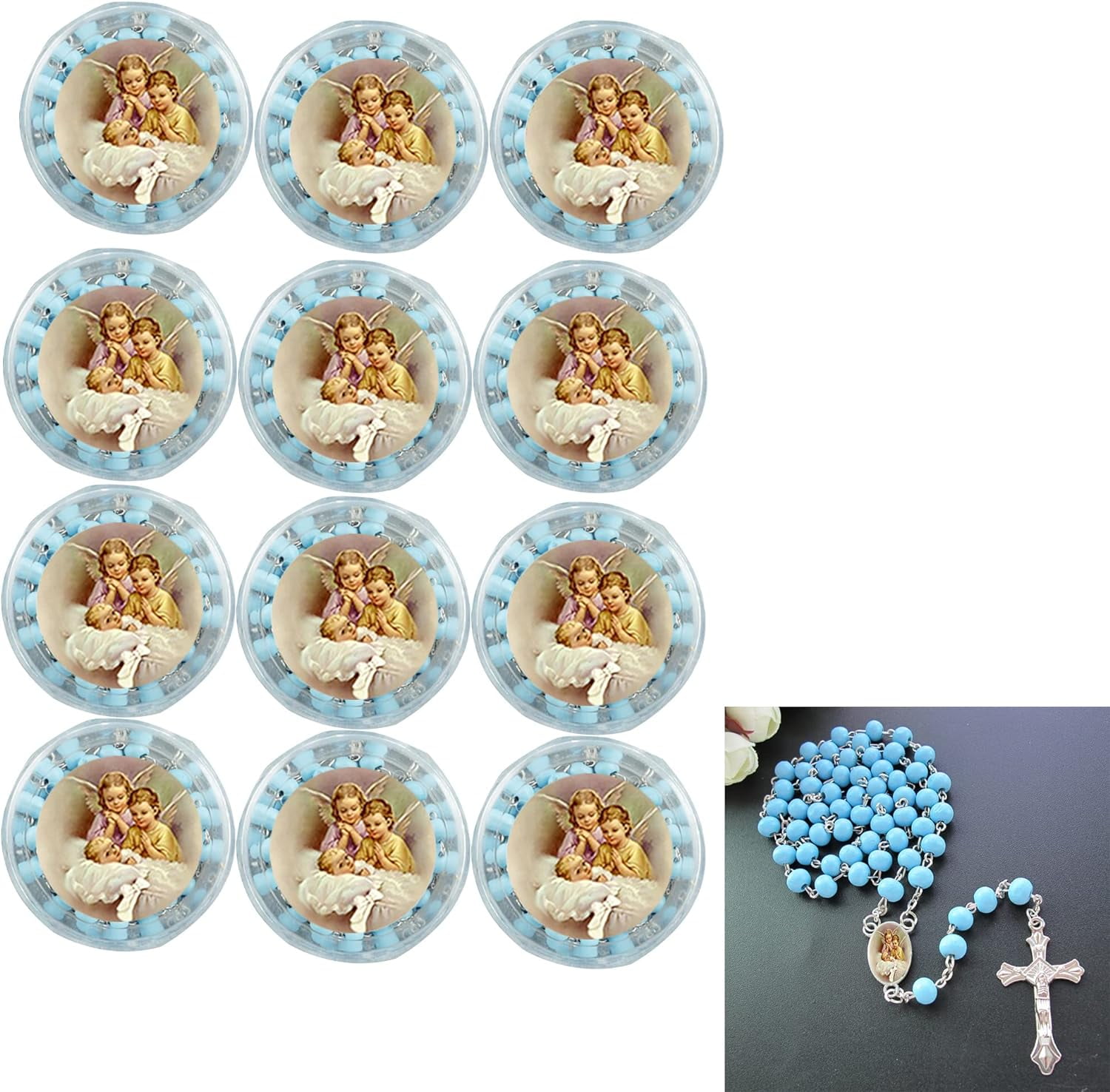 Baby Boy Baptism Rose Petal Scented Blue Rosary Favor - 12 PCS Wood ...