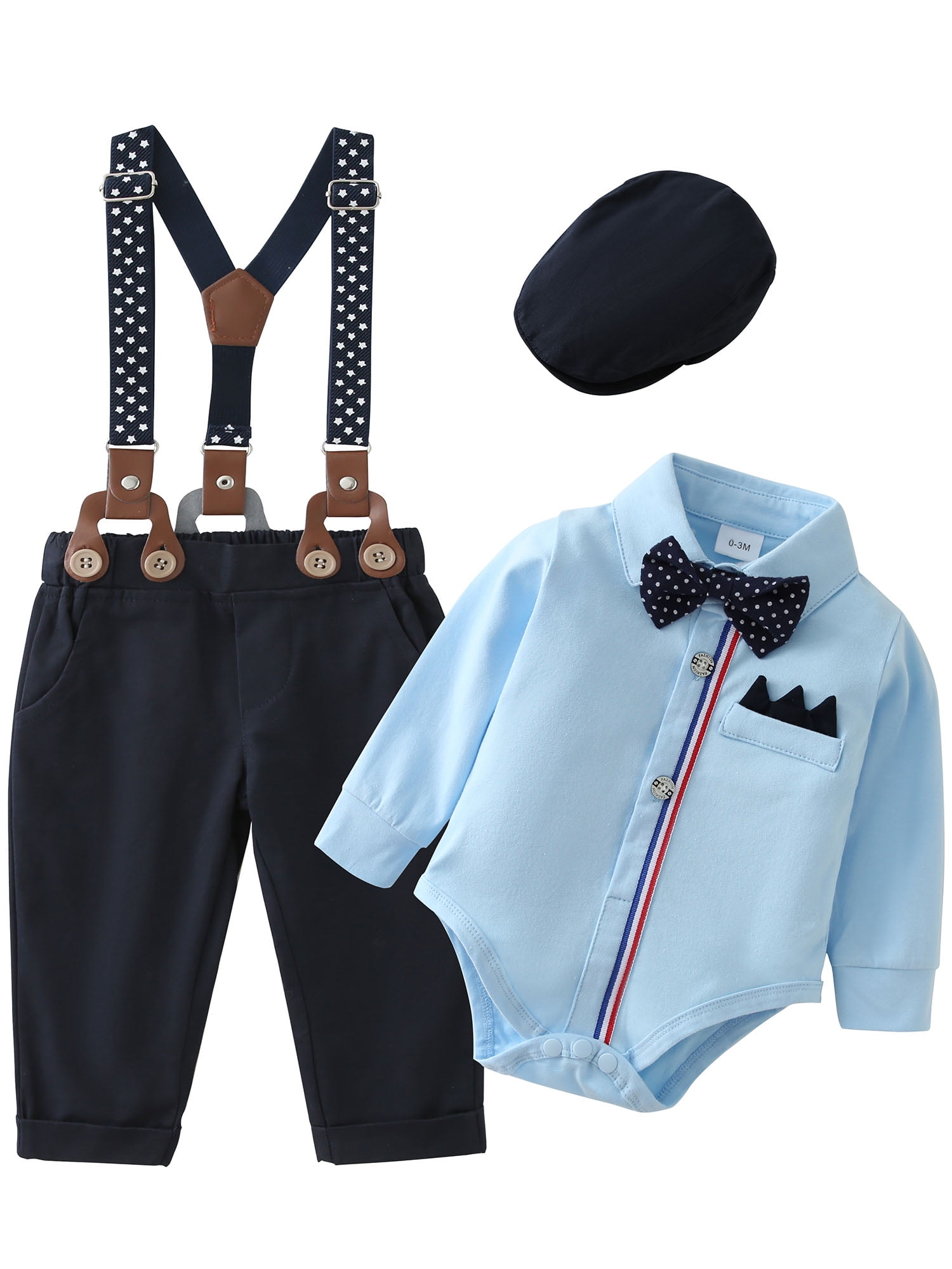 Baby Boy Clothes Suits 0-18 Months Formal Romper Shirt Beret Hat ...