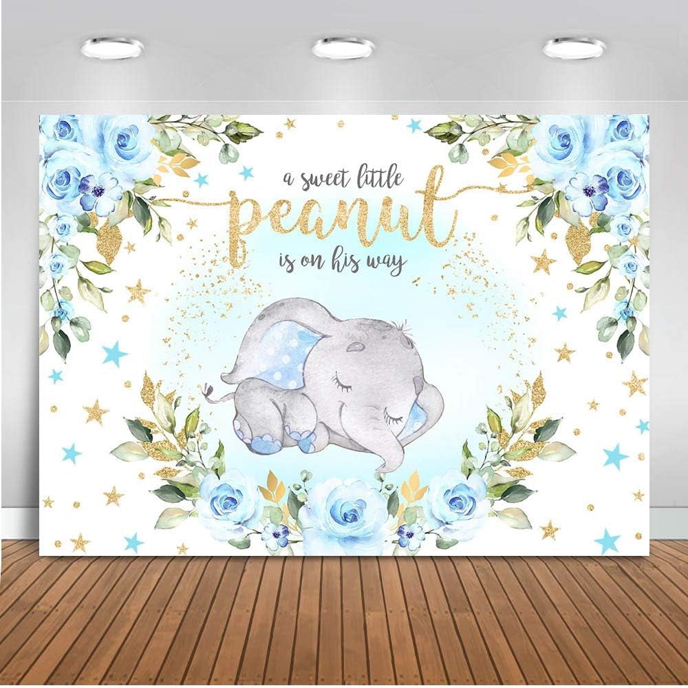 Baby Boy Elephant Baby Shower Backdrop Blue Floral Sweet Little Peanut ...