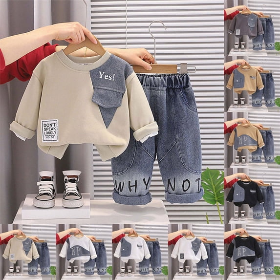 Baby Boy Fall Clothes Set Long Sleeve Print Sweatshirt Pants Toddler ...
