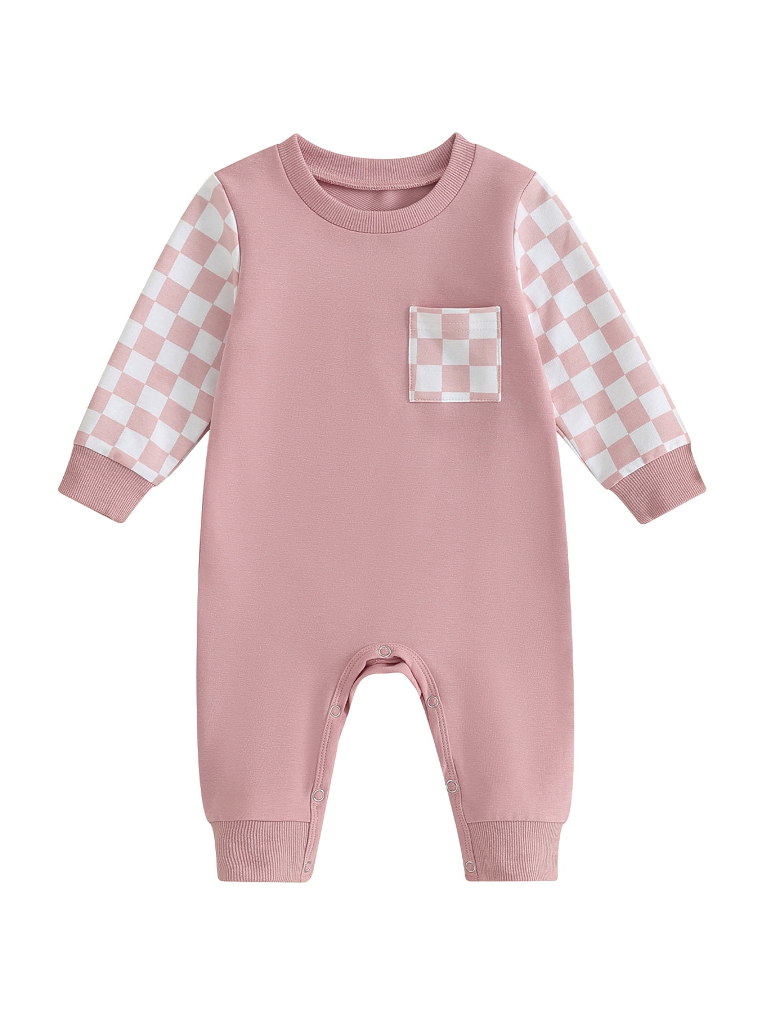 Baby Boy Girl Jumpsuits Long Sleeve Checkerboard Print Pocket Rompers ...