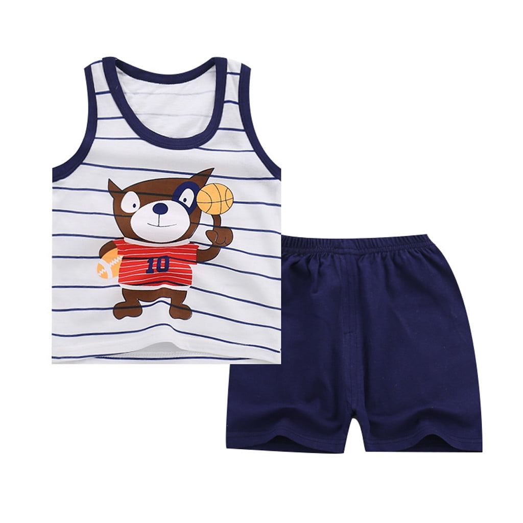 Baby Boy Girl Kids Sleeveless Cartoon Tracksuit Sport Suit Vest Pants ...