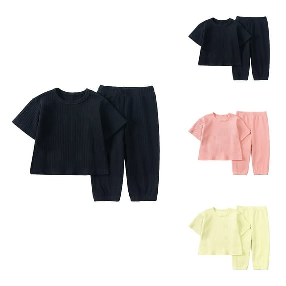 Baby Boy Girl Solid Cotton Knitted Ribbed Two-Piece Set, Short Sleeve T ...